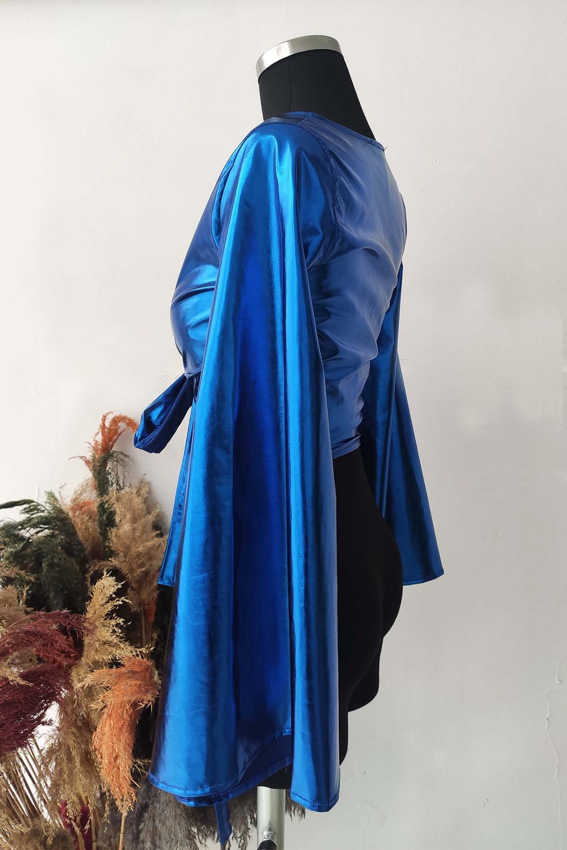 Tie Front Crop Top in Royal Blue, Long Bell Sleeve Wrap Top With Front ...