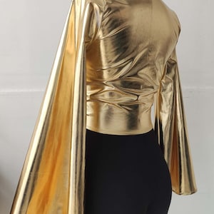 Gold Bell Sleeve Top, Gold Party Tops for Women, Women's Wrap Front Tie ...