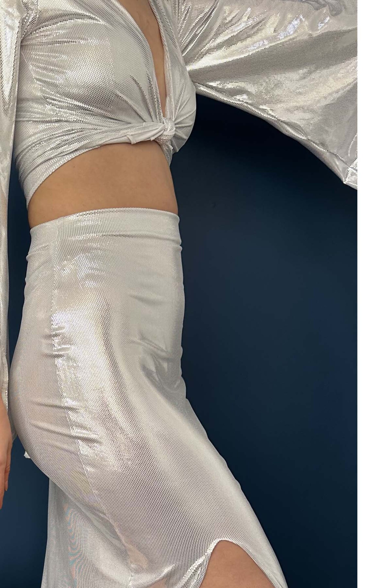 Silver Tie Top, Bell Sleeve Front Tie Crop Top, Silver Top, Wrap Crop ...