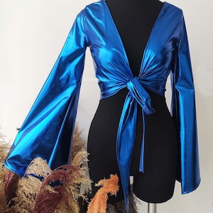 Gold Bell Sleeve Top, Gold Party Tops for Women, Women's Wrap Front Tie ...