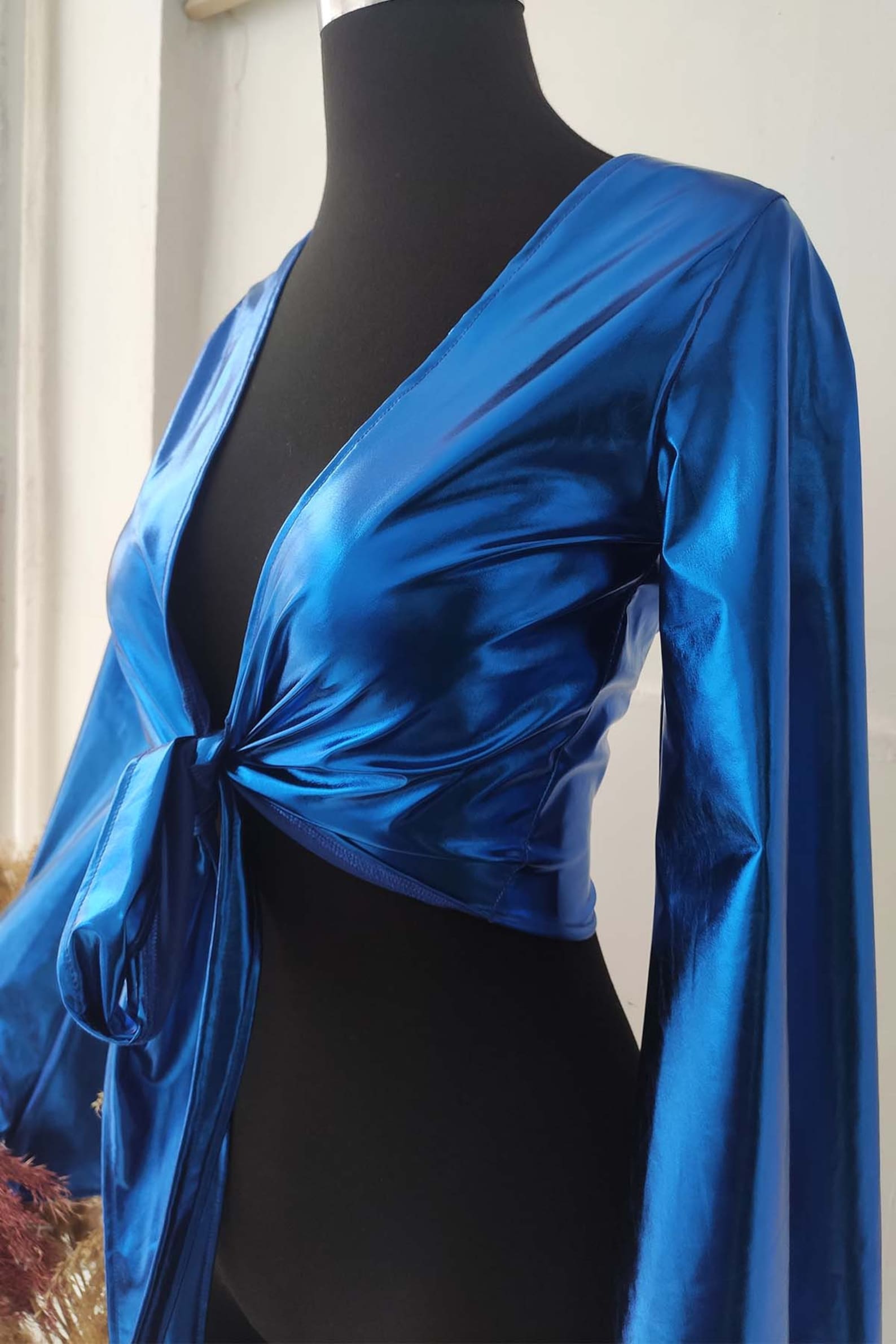 Tie Front Crop Top in Royal Blue, Long Bell Sleeve Wrap Top With Front ...