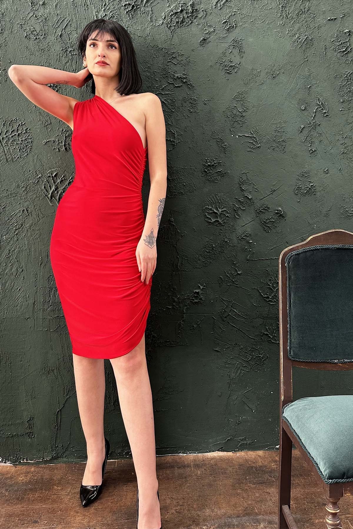 Stylish Red Draped Evening Dress - Elegant One-shoulder Midi Gown, Red ...