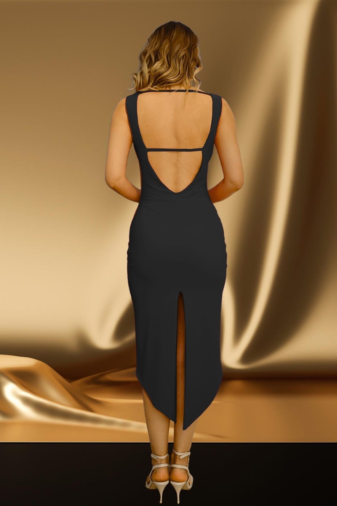 Black Open Back V-slit Midi Dress – Elegant Tango & Party Dress ...