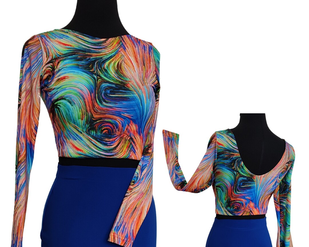 Abstract Colorful Crop Top With Open Back - Long Sleeve Tango Party ...