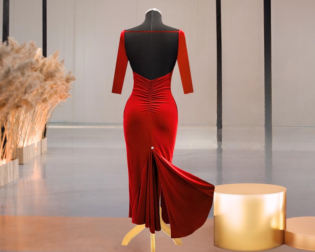 Red Tango Dress With Tale Slit, Embellished Tango Dress, Open Back ...