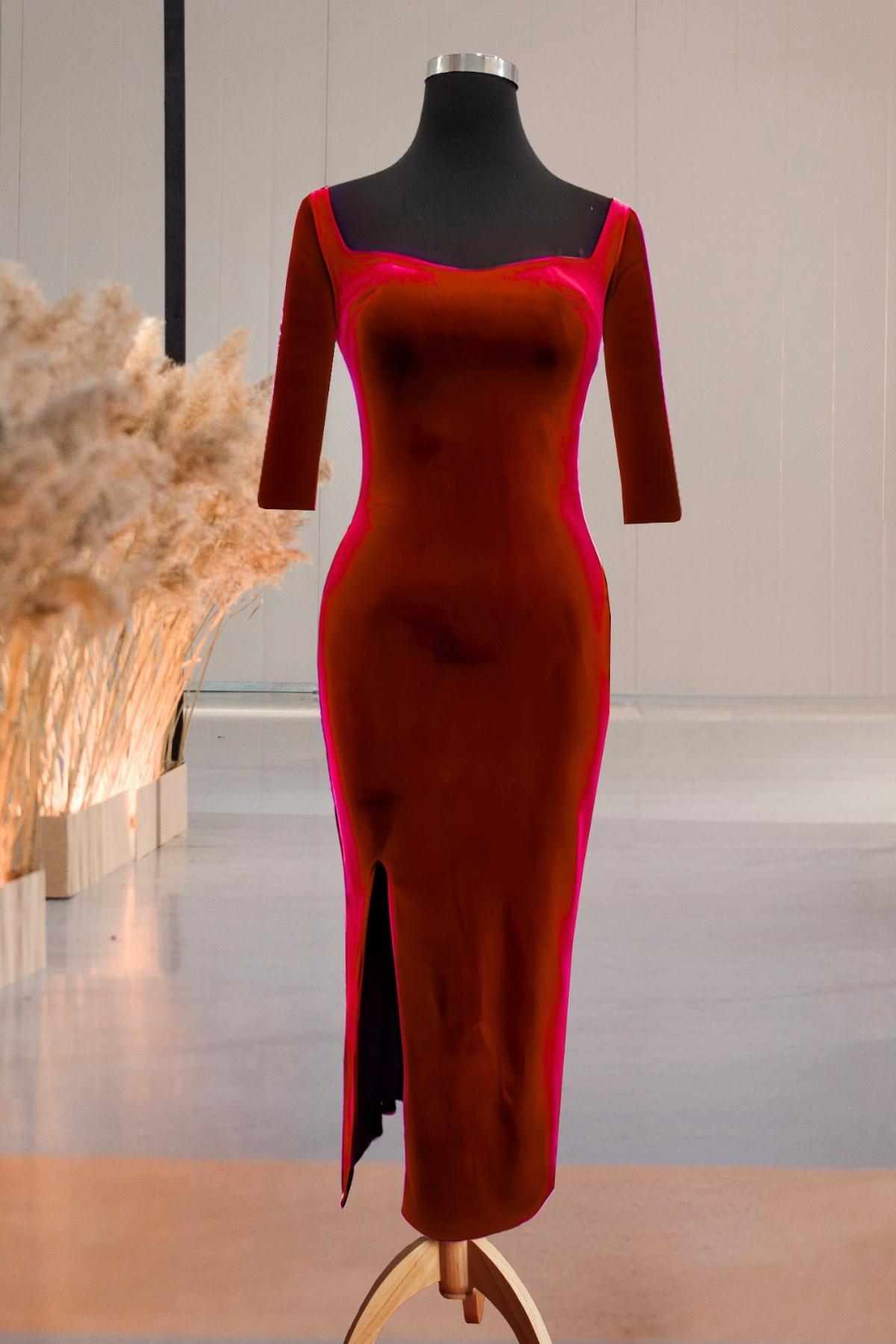Red Velvet Open Back Tango Dress With Slit – Built-in Bra Pads – Latin ...