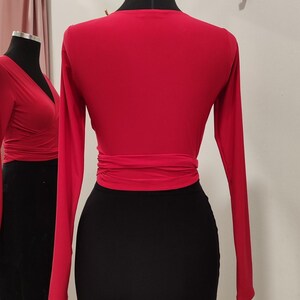Red Wrap Top – Long Sleeve Elegant Wrap Blouse, Chic Evening Wear ...
