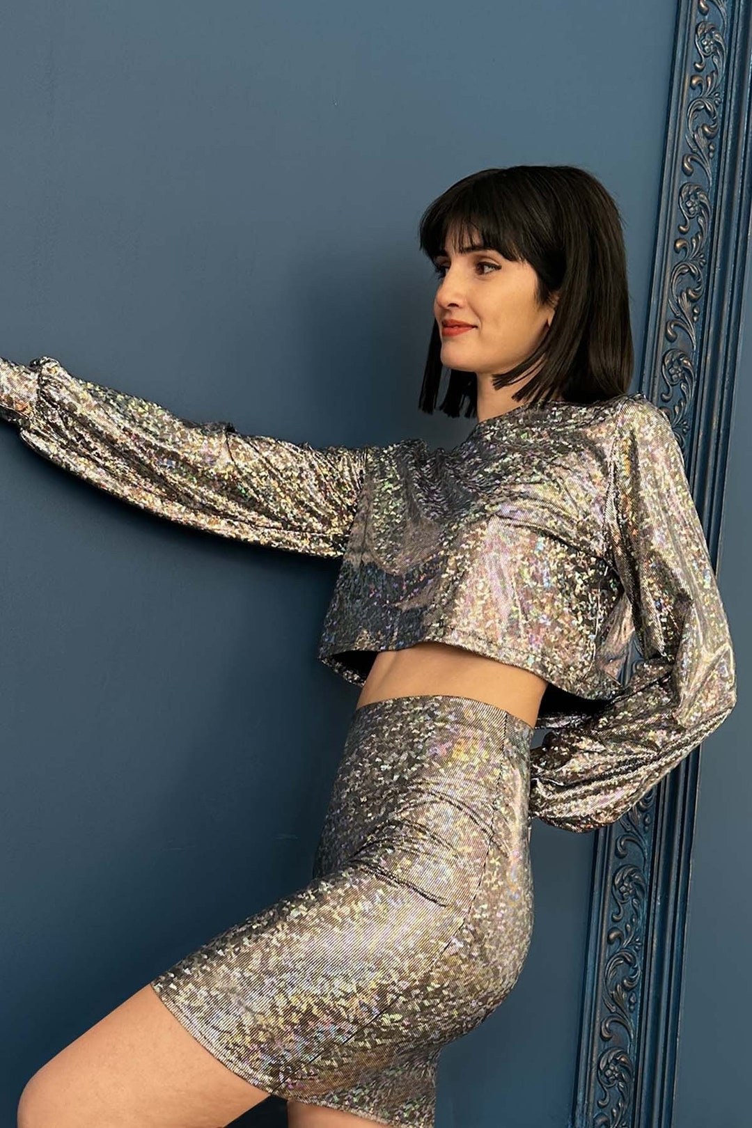 Holographic Crop Top, Balloon Sleeve Blouse, Hologram Crop Top, Crop ...