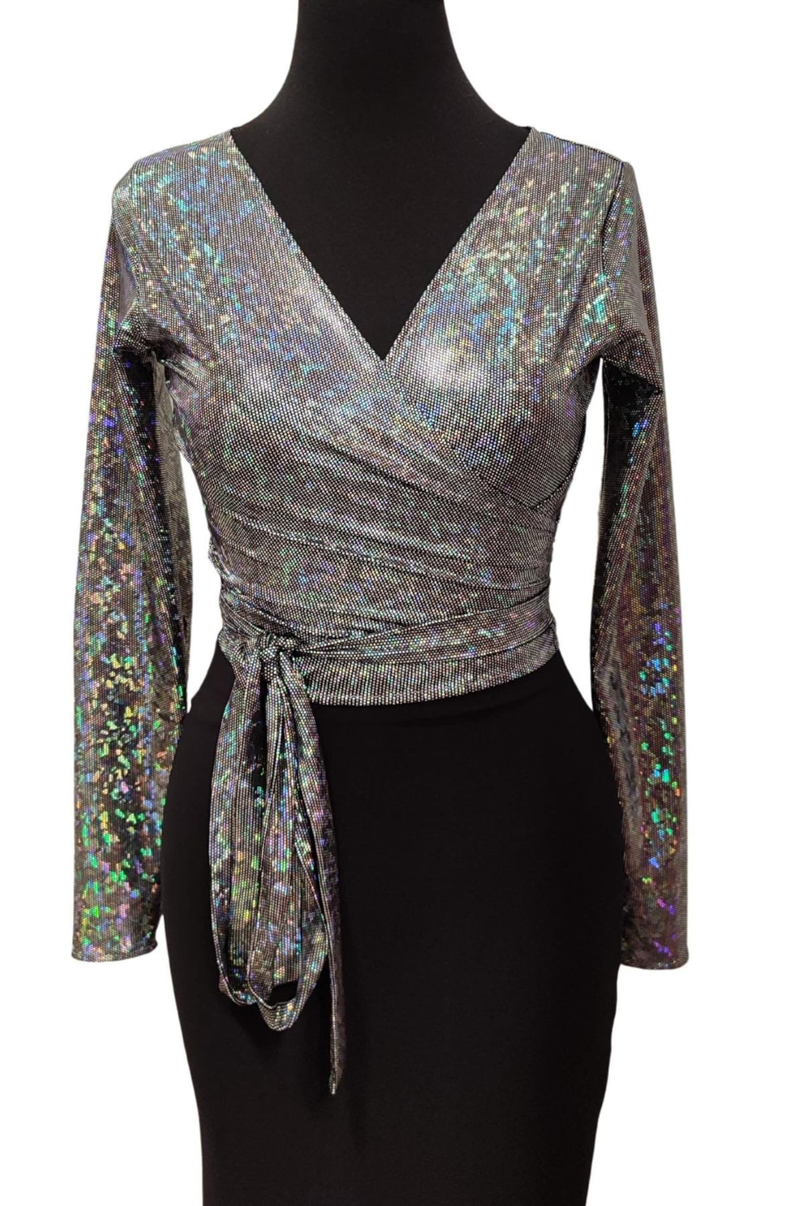 Black Sequin Wrap Top – Long Sleeve Elegant Evening Blouse, Sparkly ...