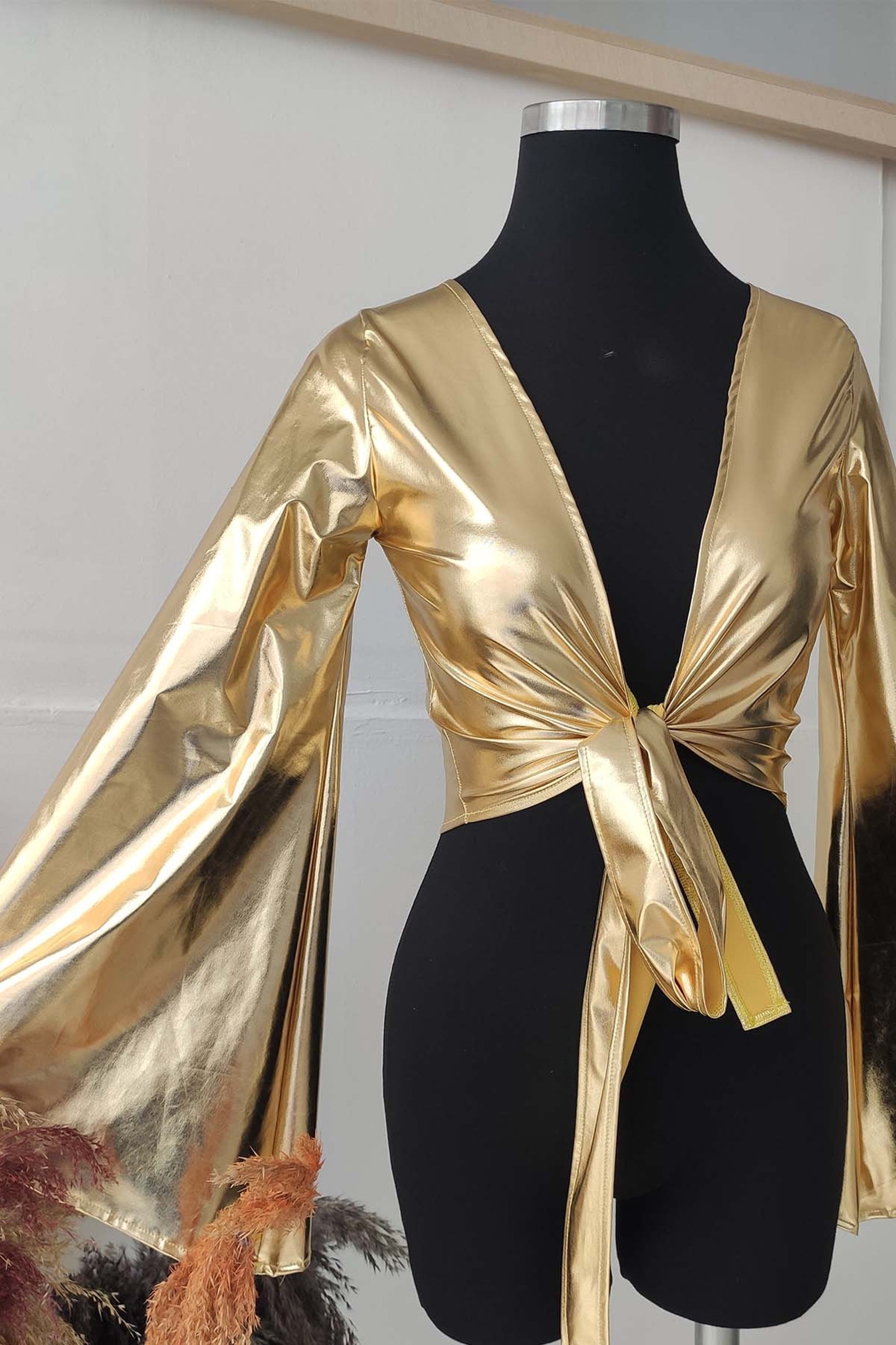 Tie Front Crop Top in Royal Blue, Long Bell Sleeve Wrap Top With Front ...