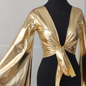 Gold Bell Sleeve Top, Gold Party Tops for Women, Women's Wrap Front Tie ...