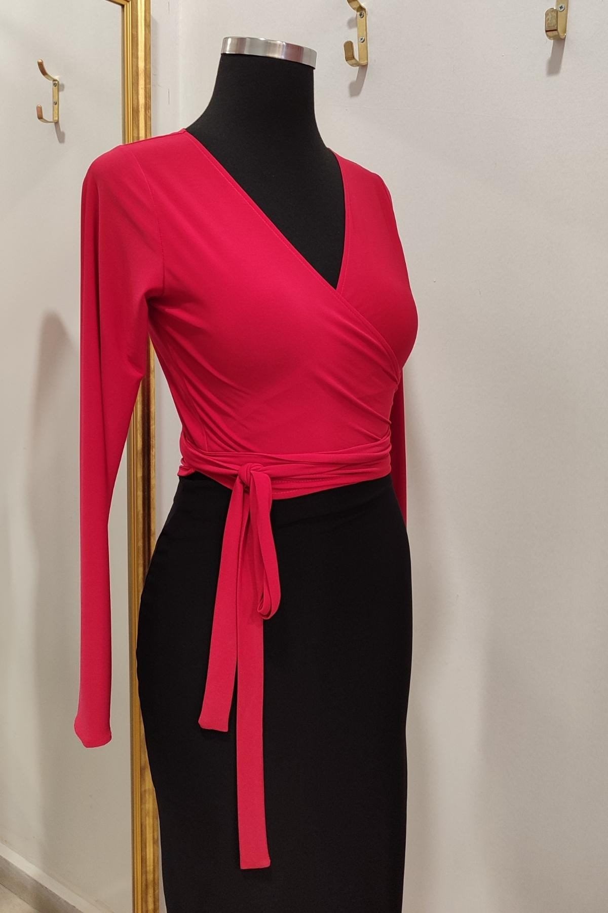 Red Wrap Top – Long Sleeve Elegant Wrap Blouse, Chic Evening Wear ...