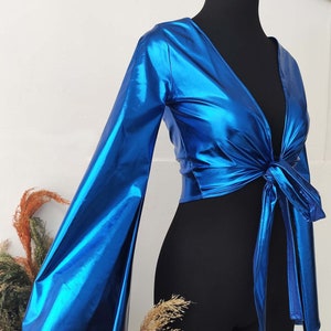 Gold Bell Sleeve Top, Gold Party Tops for Women, Women's Wrap Front Tie ...