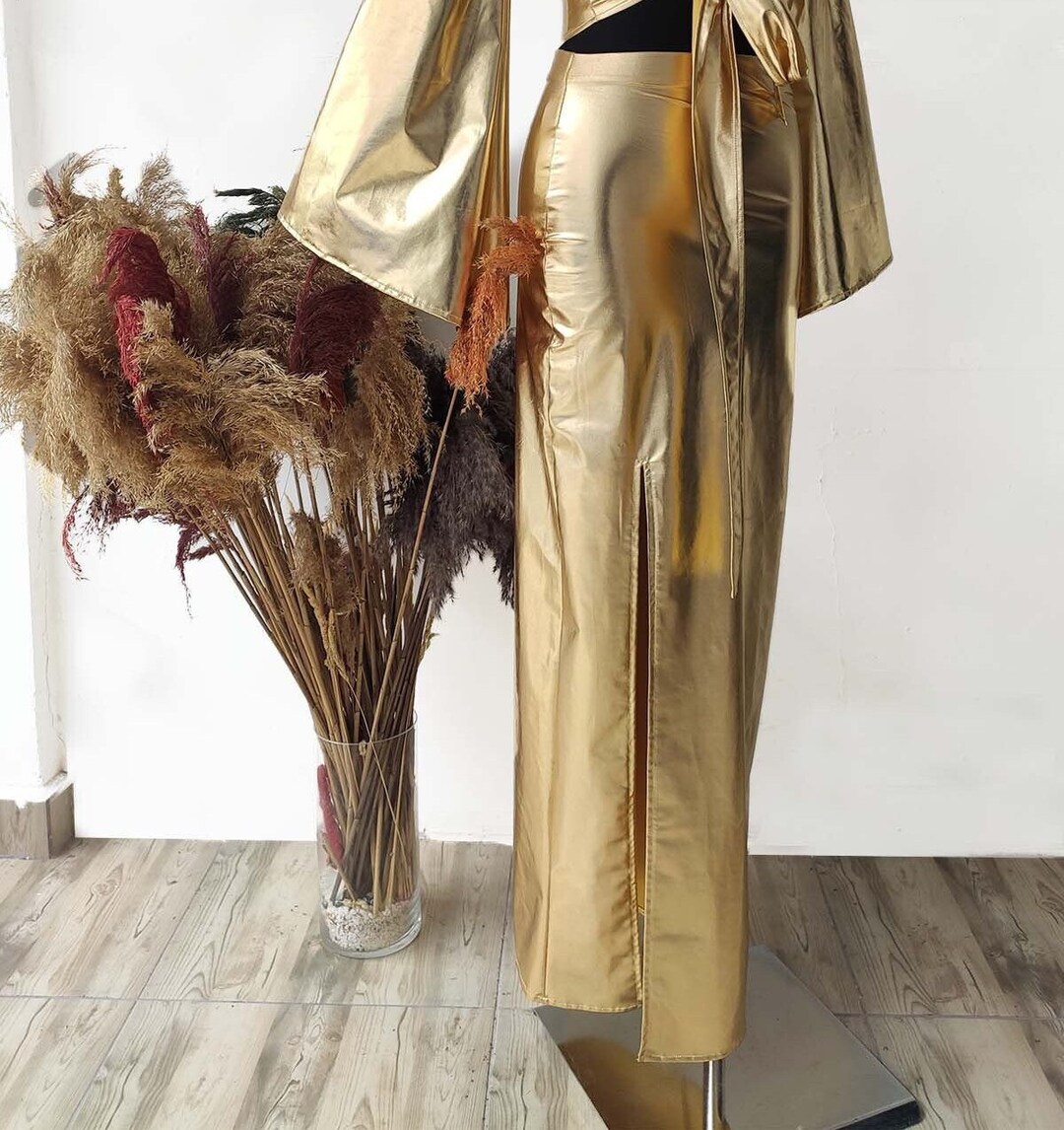 Gold Maxi Skirt, Tango Skirt, Shiny Pencil Skirt, Gold Skirt With Slit ...