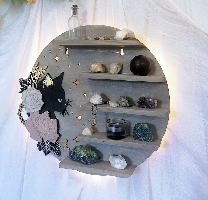 Cat Shelf, Cat and Flowers Shelf, Crystal Shelf, Handmade Geometric ...
