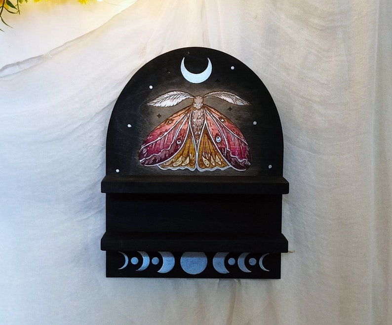 Golden Luna Moth Shelf, Moon Shelf, Crystal Shelf, Handmade Geometric ...