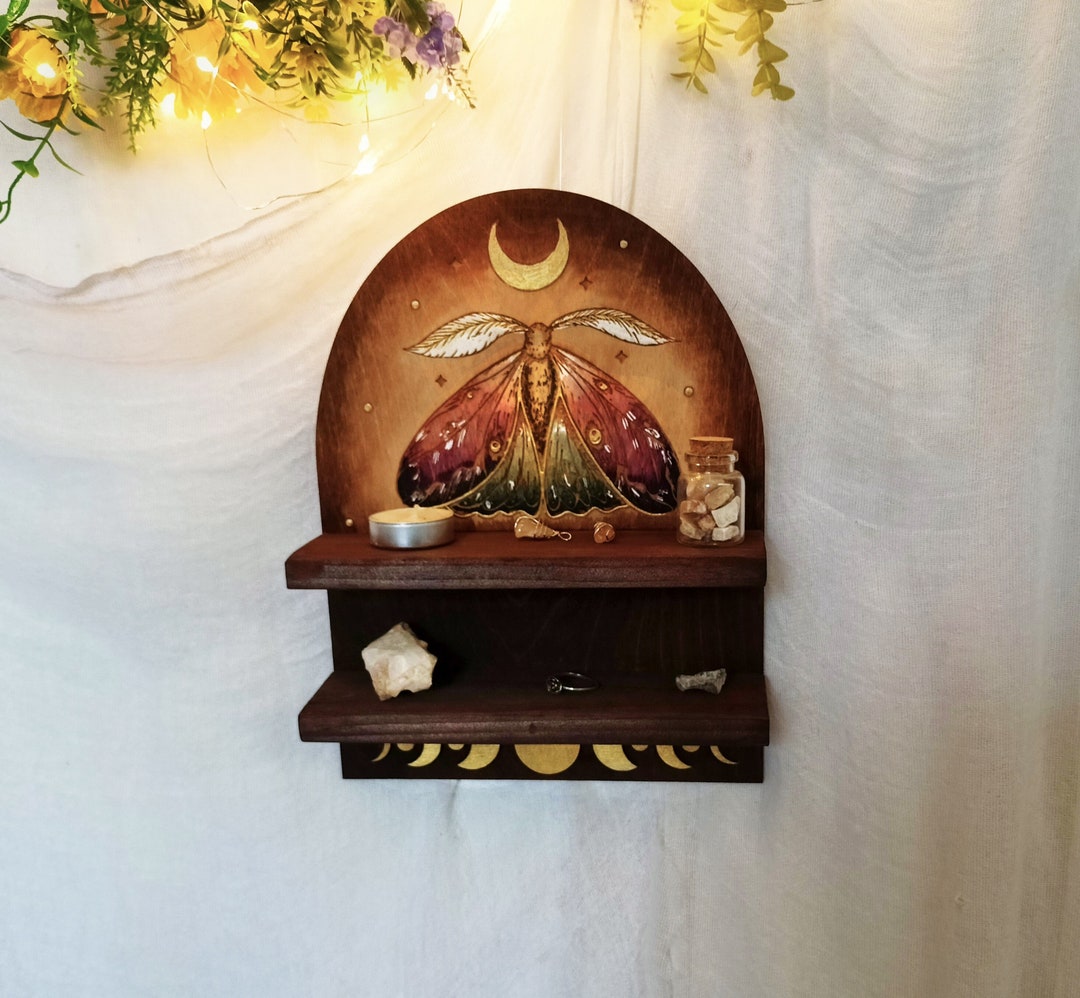 Golden Luna Moth Shelf, Moon Shelf, Crystal Shelf, Handmade Geometric ...