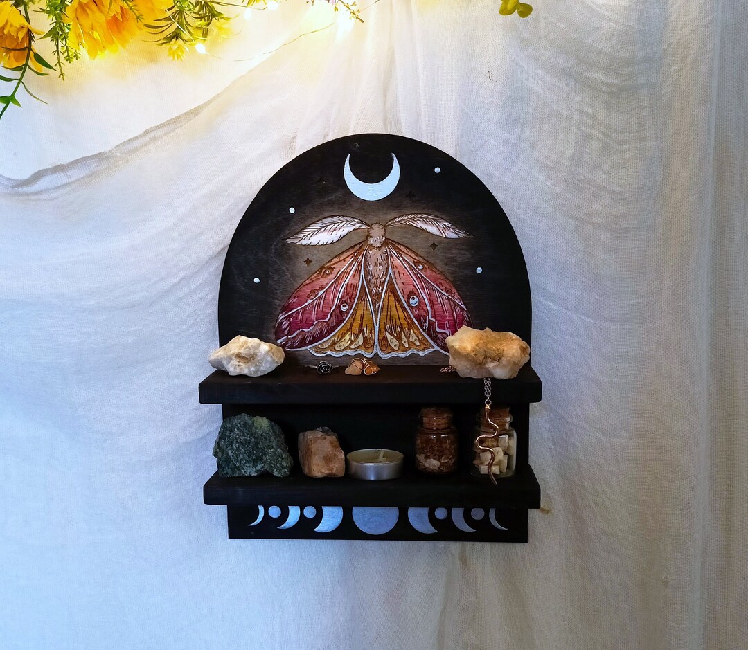 Golden Luna Moth Shelf, Moon Shelf, Crystal Shelf, Handmade Geometric ...