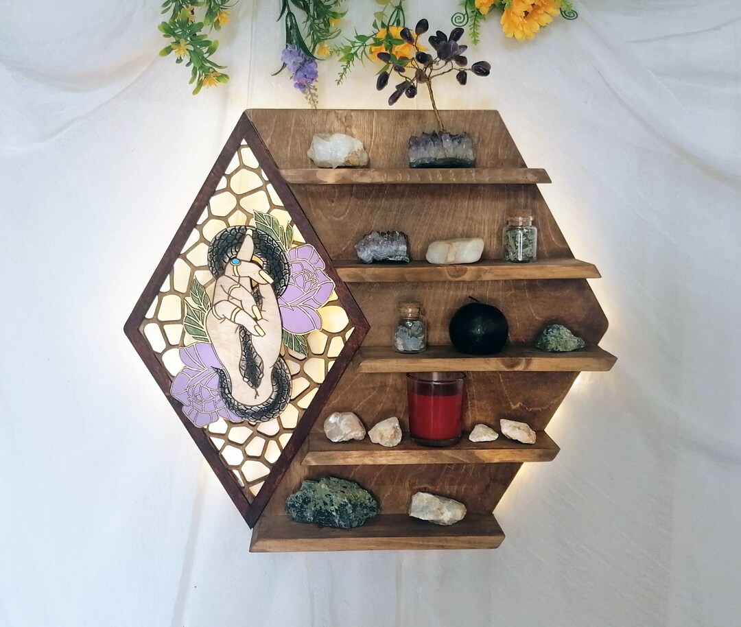 Hand and Snake Shelf, Moon Shelf, Crystal Shelf, Handmade Geometric ...