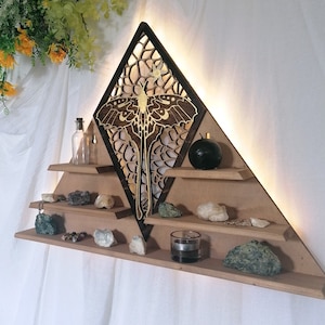 Golden Luna Moth Shelf, Moon Shelf, Crystal Shelf, Handmade Geometric ...