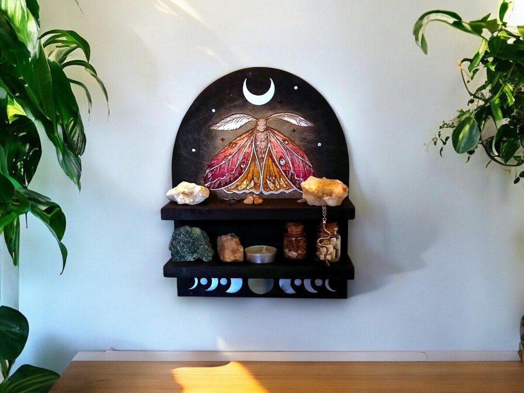 Golden Luna Moth Shelf, Moon Shelf, Crystal Shelf, Handmade Geometric ...