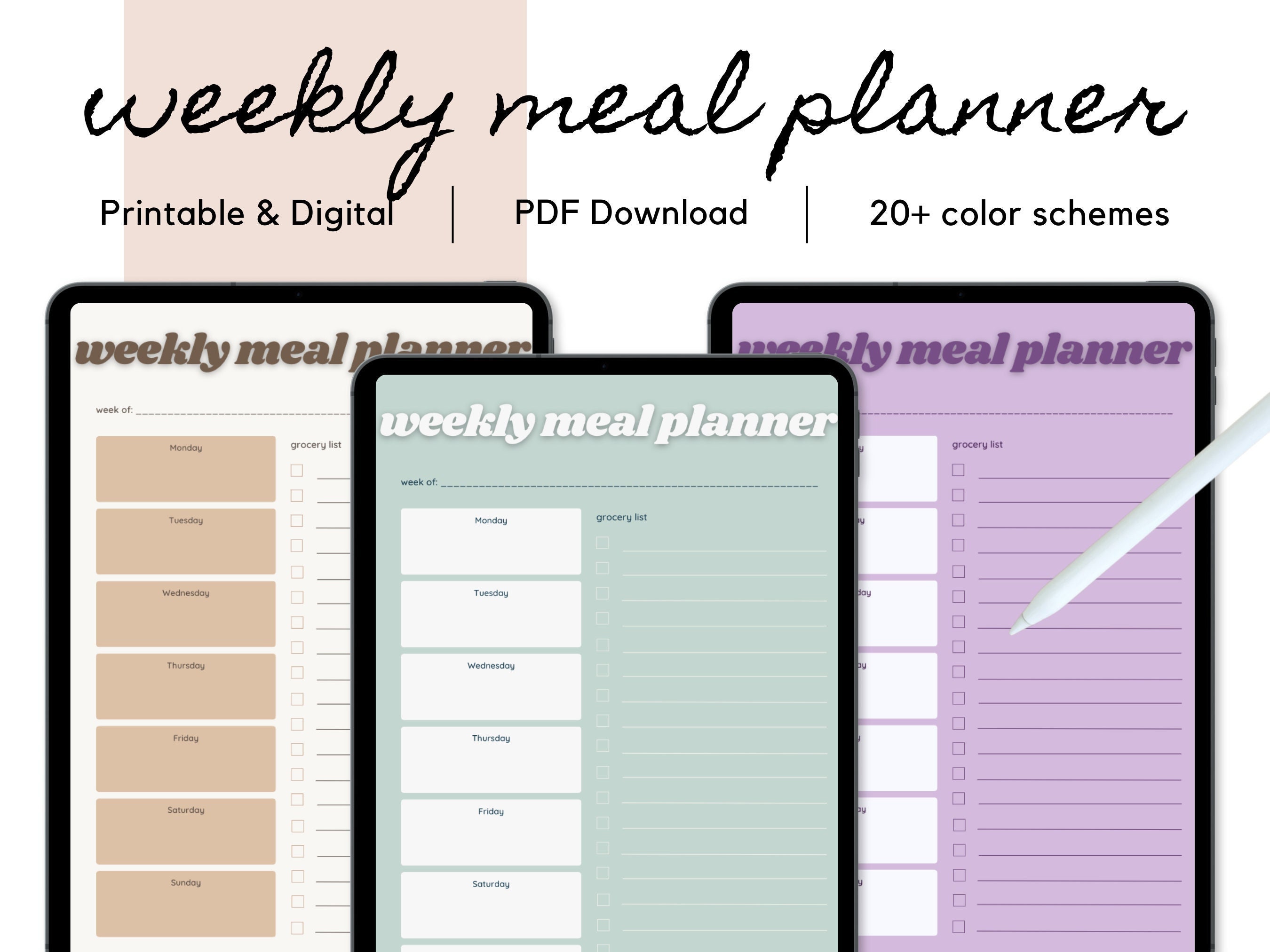 Weekly Meal Planner Printable and Digital Use, Single Page, Multiple ...