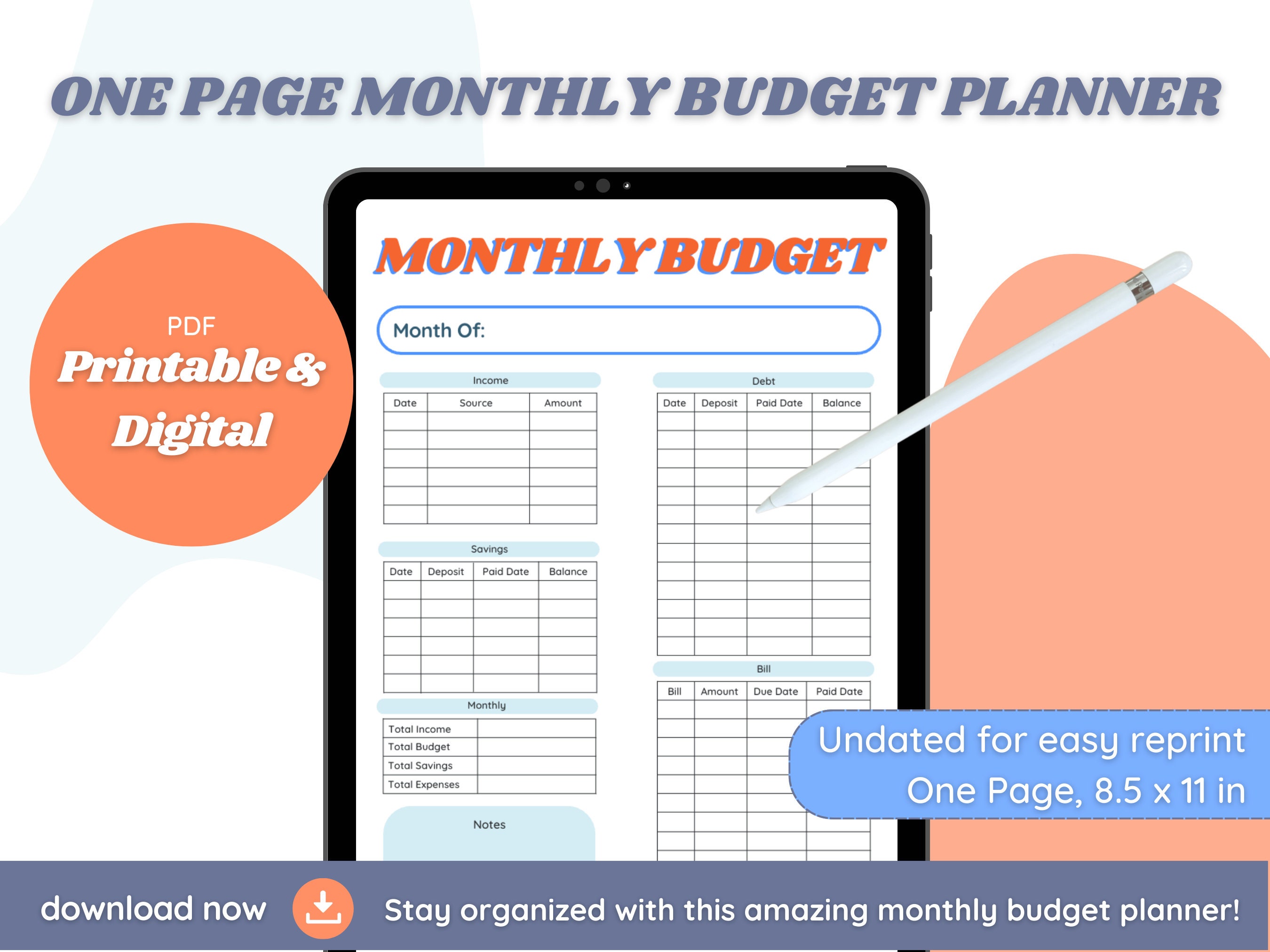 Monthly Budget Digital Planner, Printable, 8.5 X 11, Calendars and ...