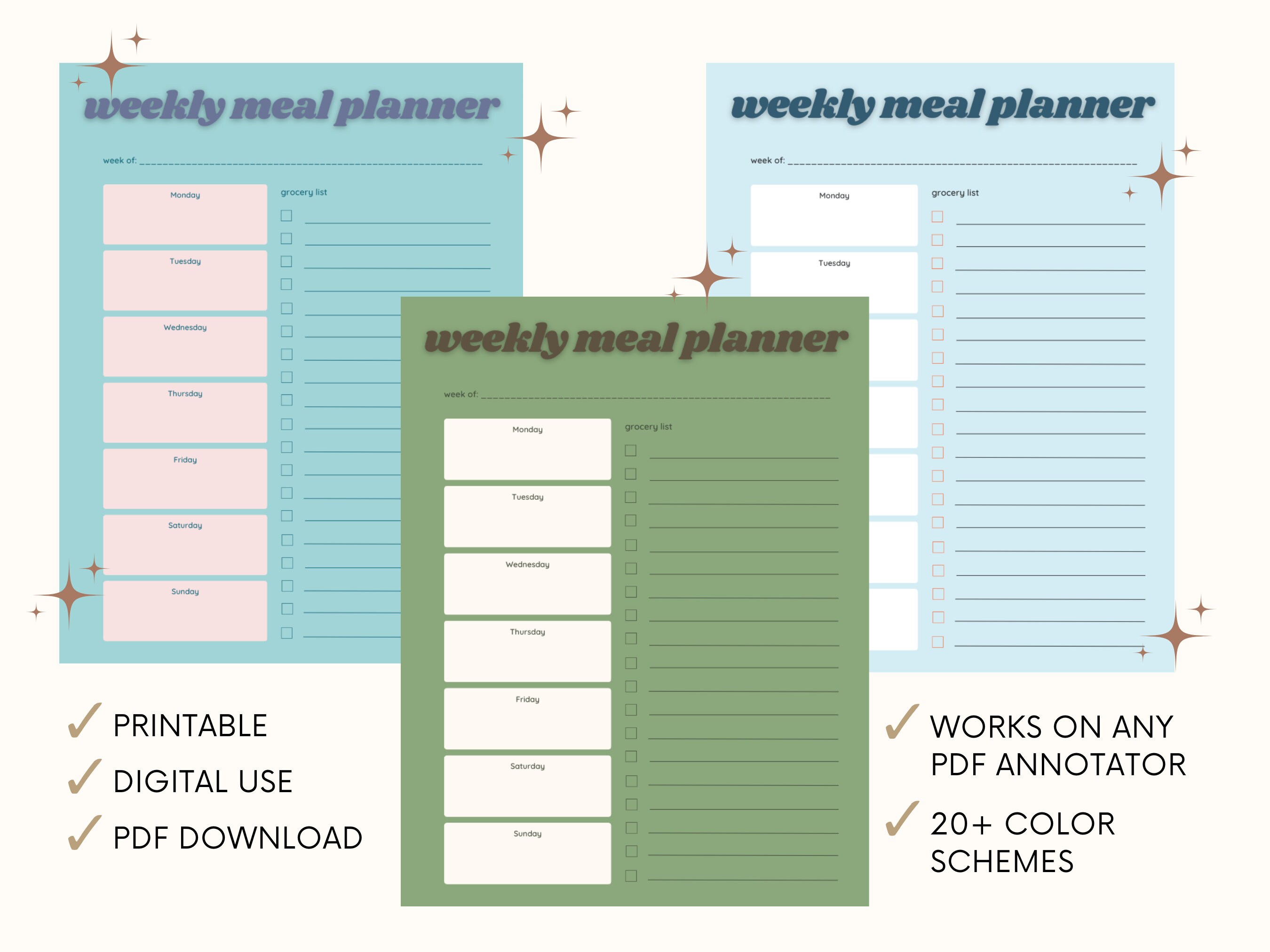 Weekly Meal Planner Printable and Digital Use, Single Page, Multiple ...