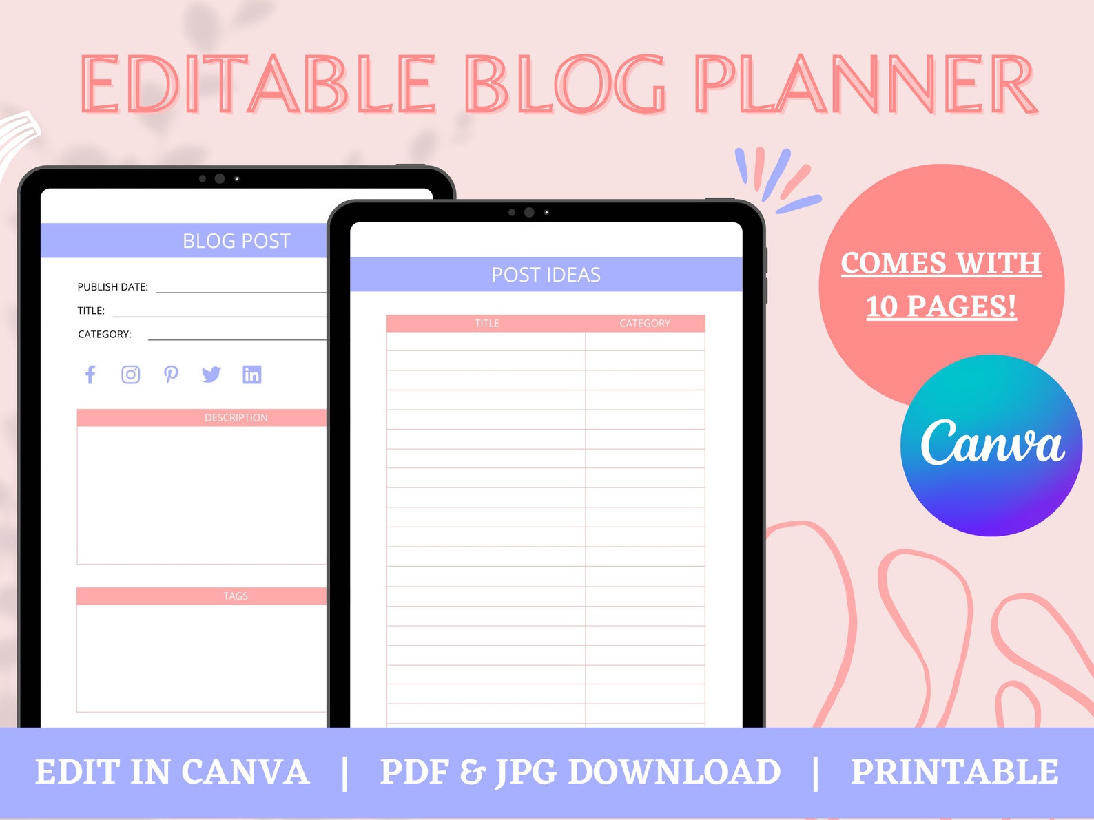 Editable Blog Planner, Digital Planner, Instant Download, 10 Pages ...