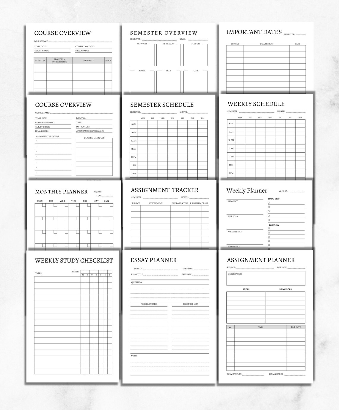 Undated Study Planner Printable Student Planner Assignment - Etsy