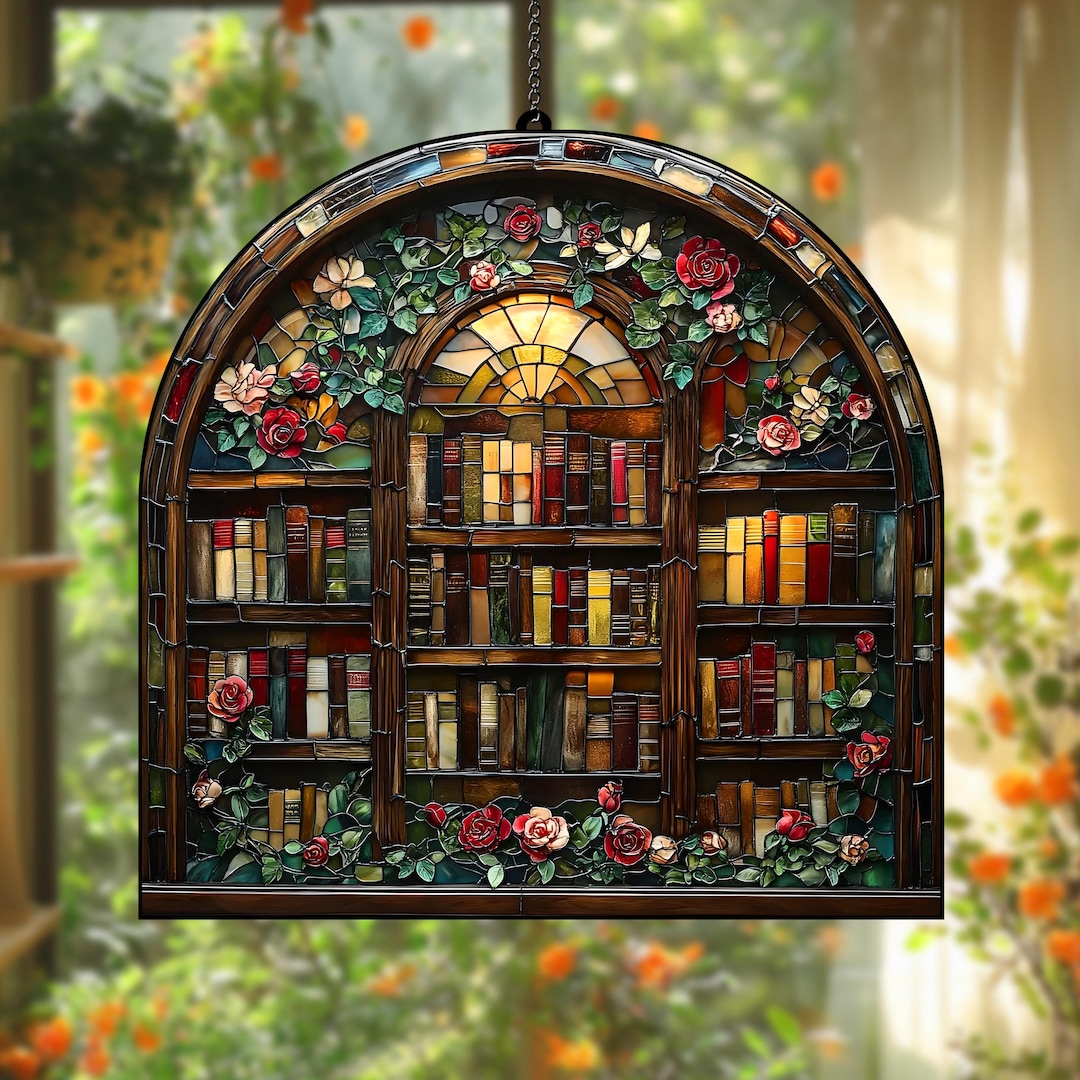 Library Bookshelf ACRYLIC SUNCATCHER Book Flower Window Hangings Gift ...