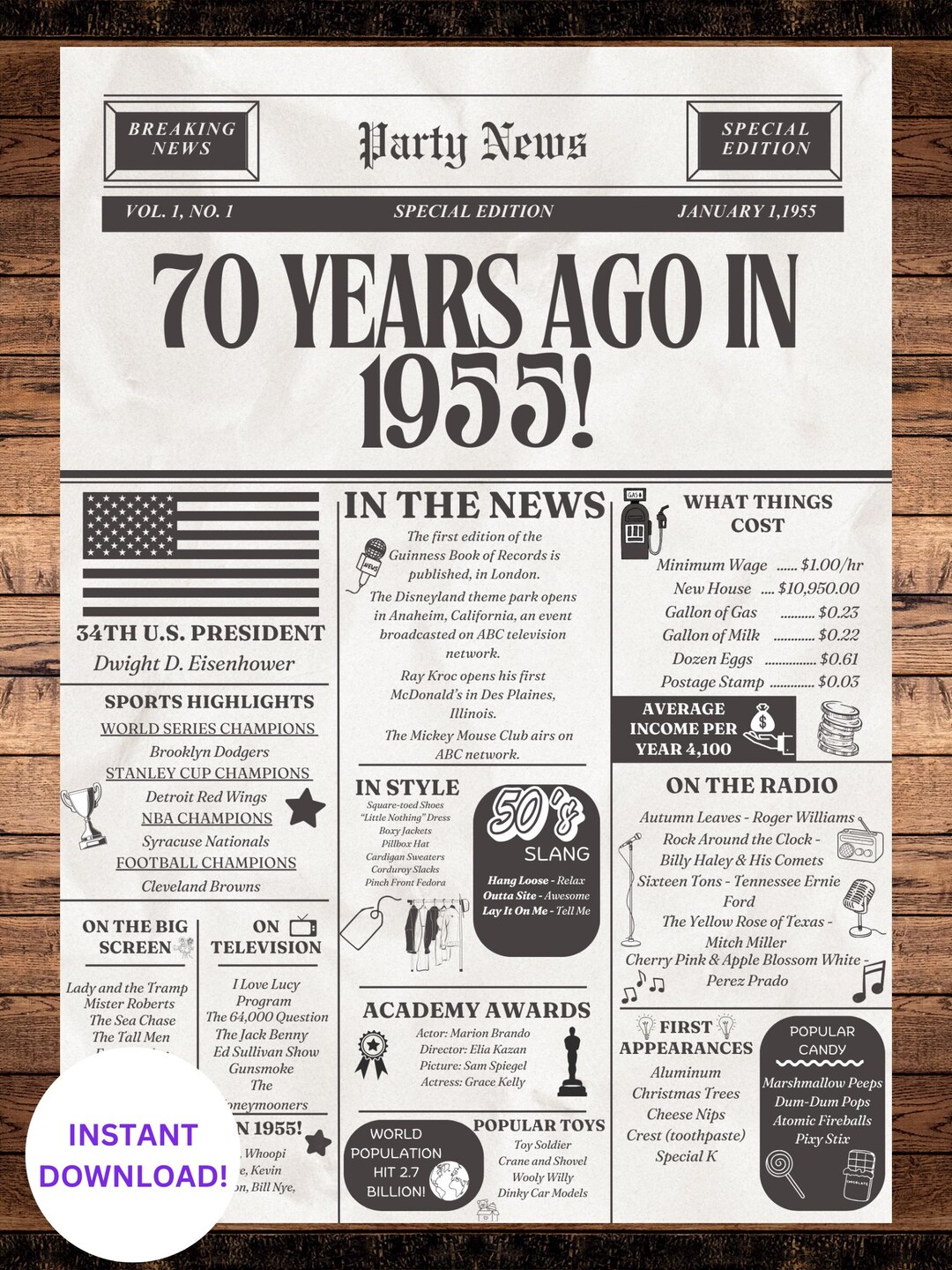 Back in 1955 Birthday Newspaper, Back in 1955, 70th Birthday Newspaper ...