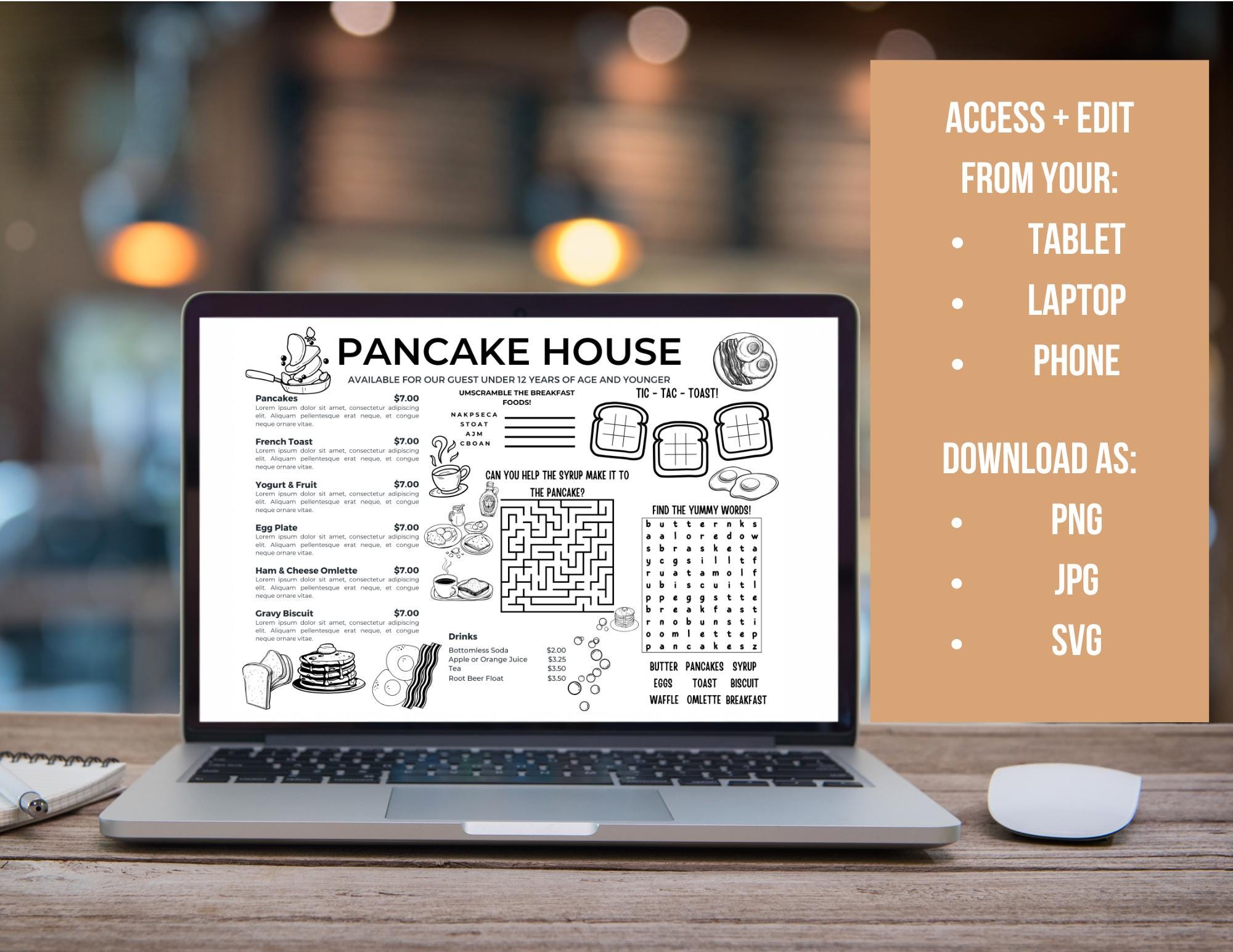 Breakfast Menu, Breakfast Menu for Kids, Pancake Restaurant Menu for ...