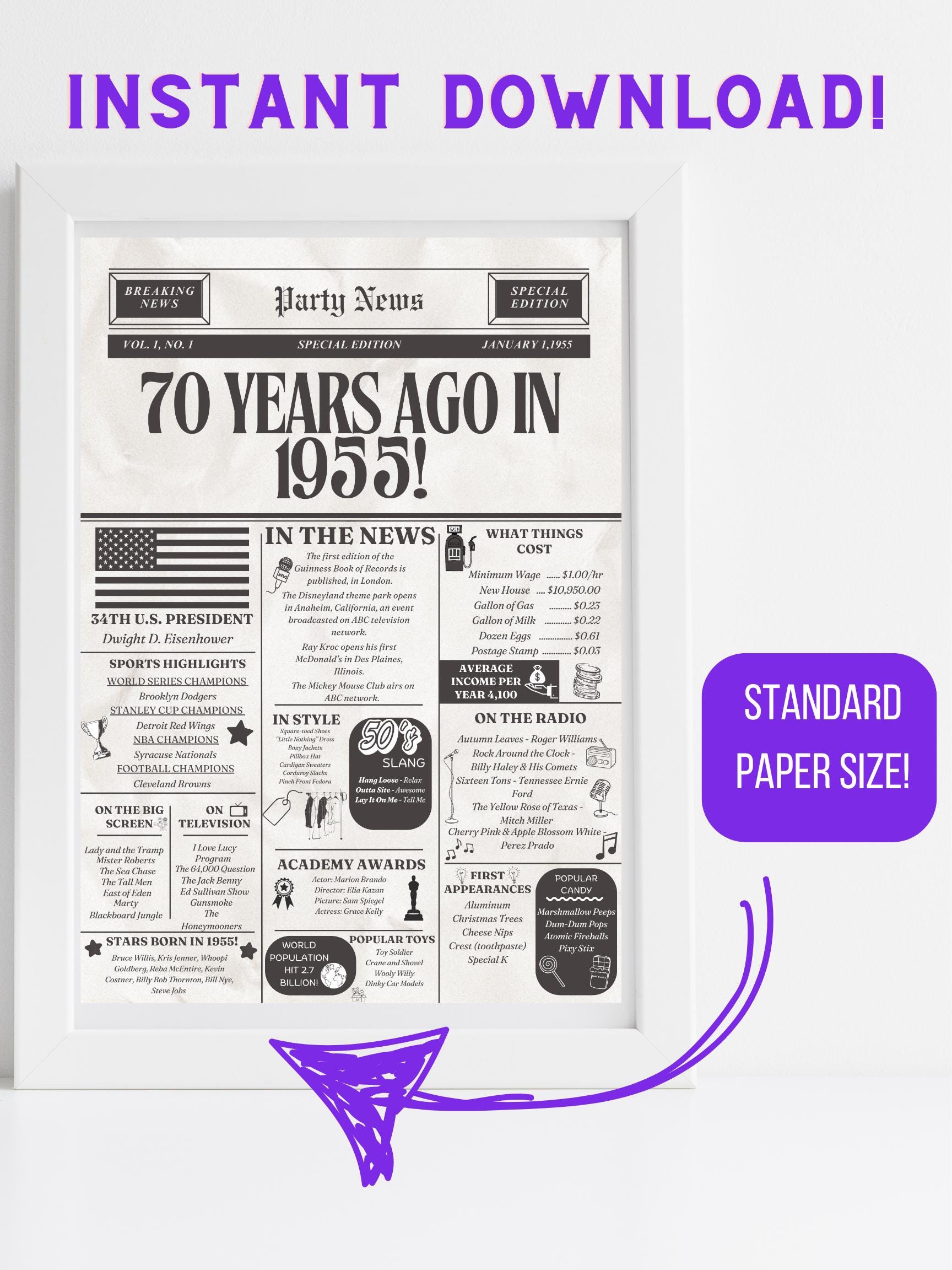 Back in 1955 Birthday Newspaper, Back in 1955, 70th Birthday Newspaper ...