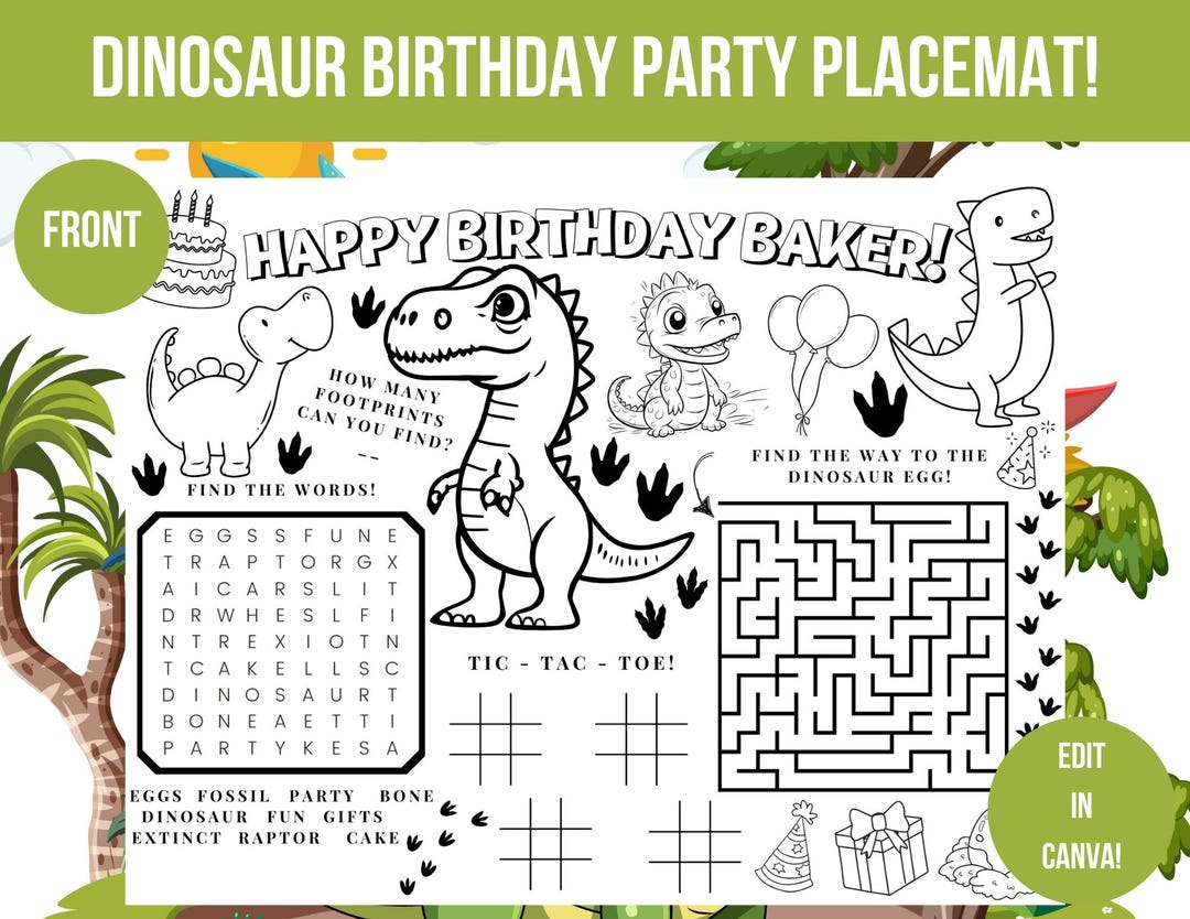 Dinosaur Birthday Coloring Placemat Party Games Children Activity Dino ...