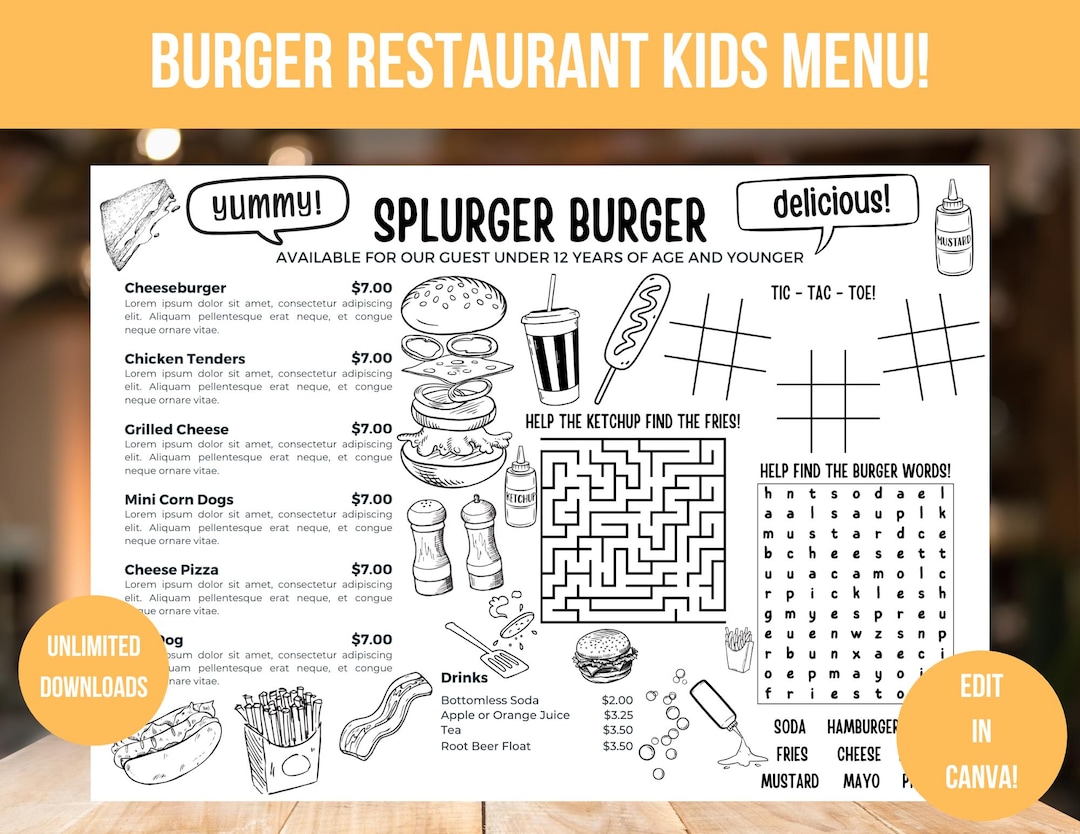 Kids Restaurant Menu, Kids Menu Template, Menu Template, Burger ...