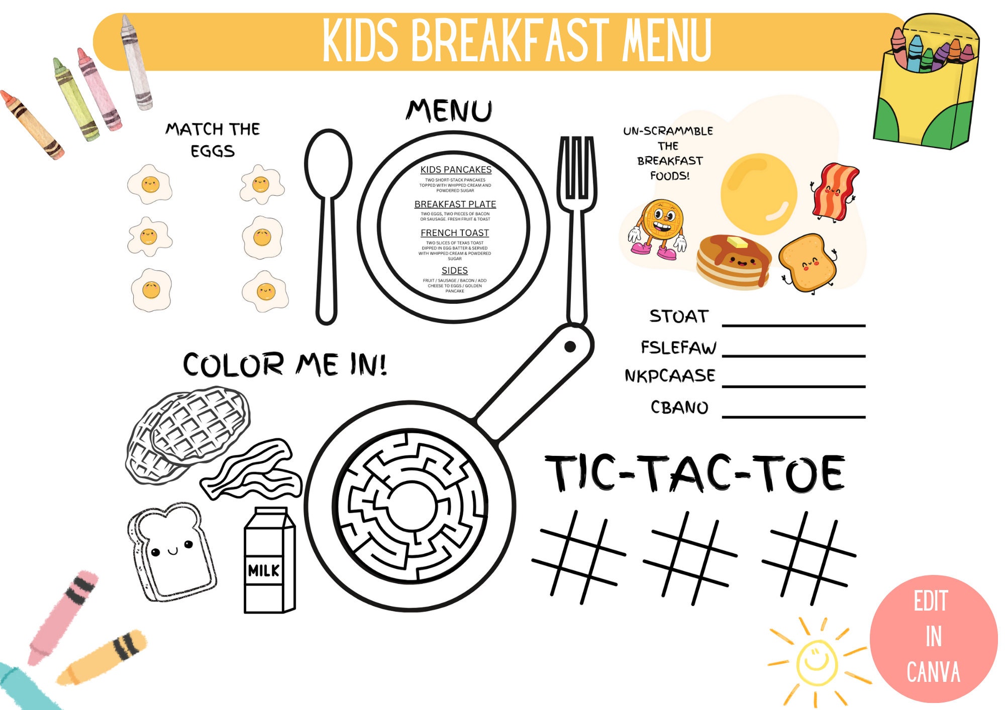 Restaurant Menu for Kids, Kids Breakfast Activity Sheet, Kid Menu Ideas, Kid Activity Sheets ...