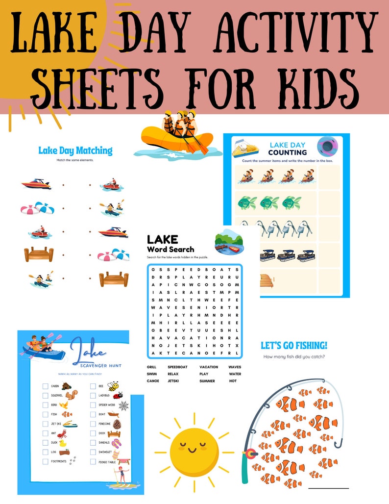 Lake Day Activity Sheets for Kids, Lake Day Fun for Kids, Activity ...