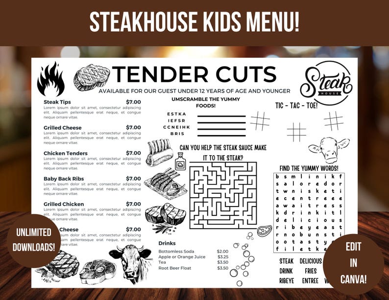 Kids Restaurant Menu Template, Steakhouse Restaurant Menu for Kids ...