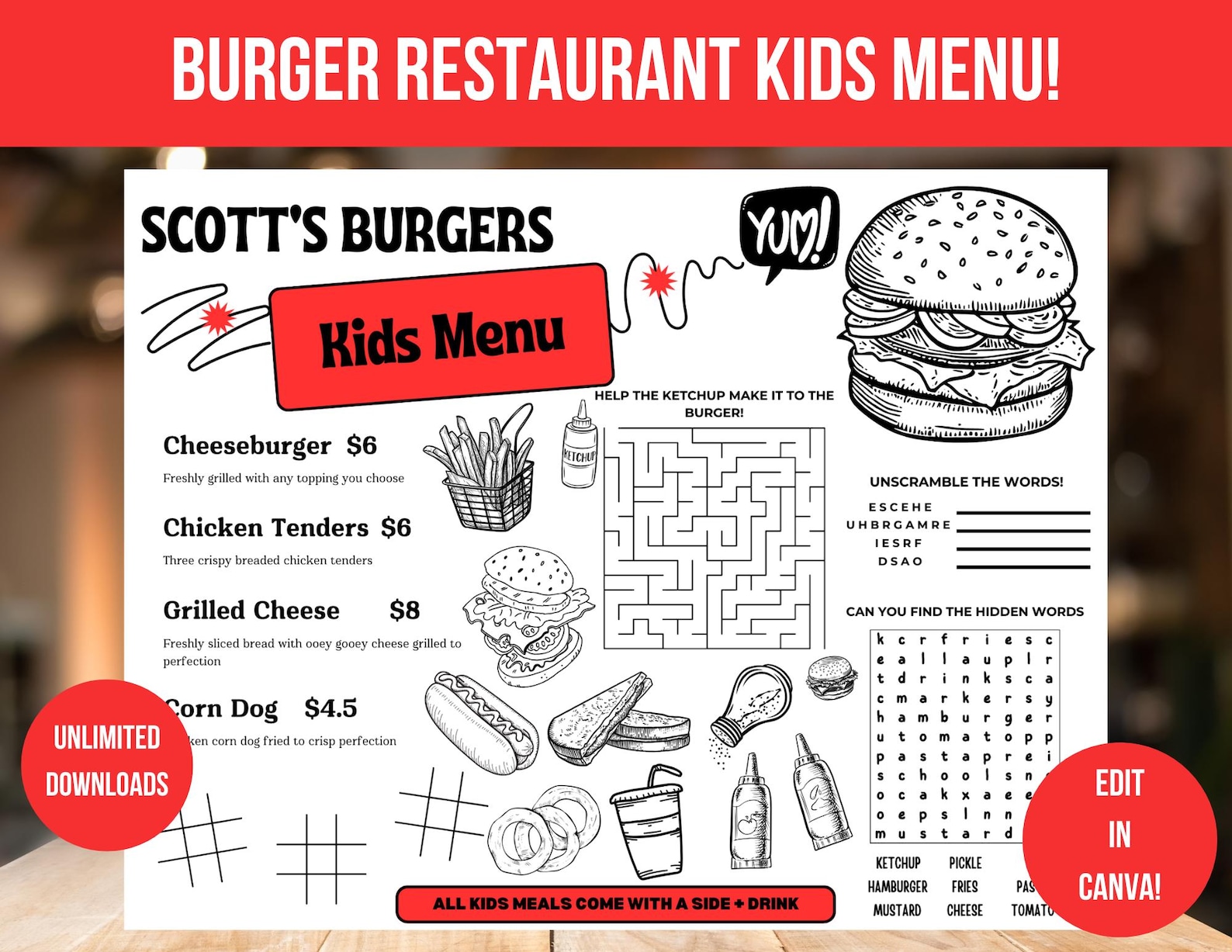 Kids Restaurant Menu, Kids Menu Template, Menu Template, Burger ...