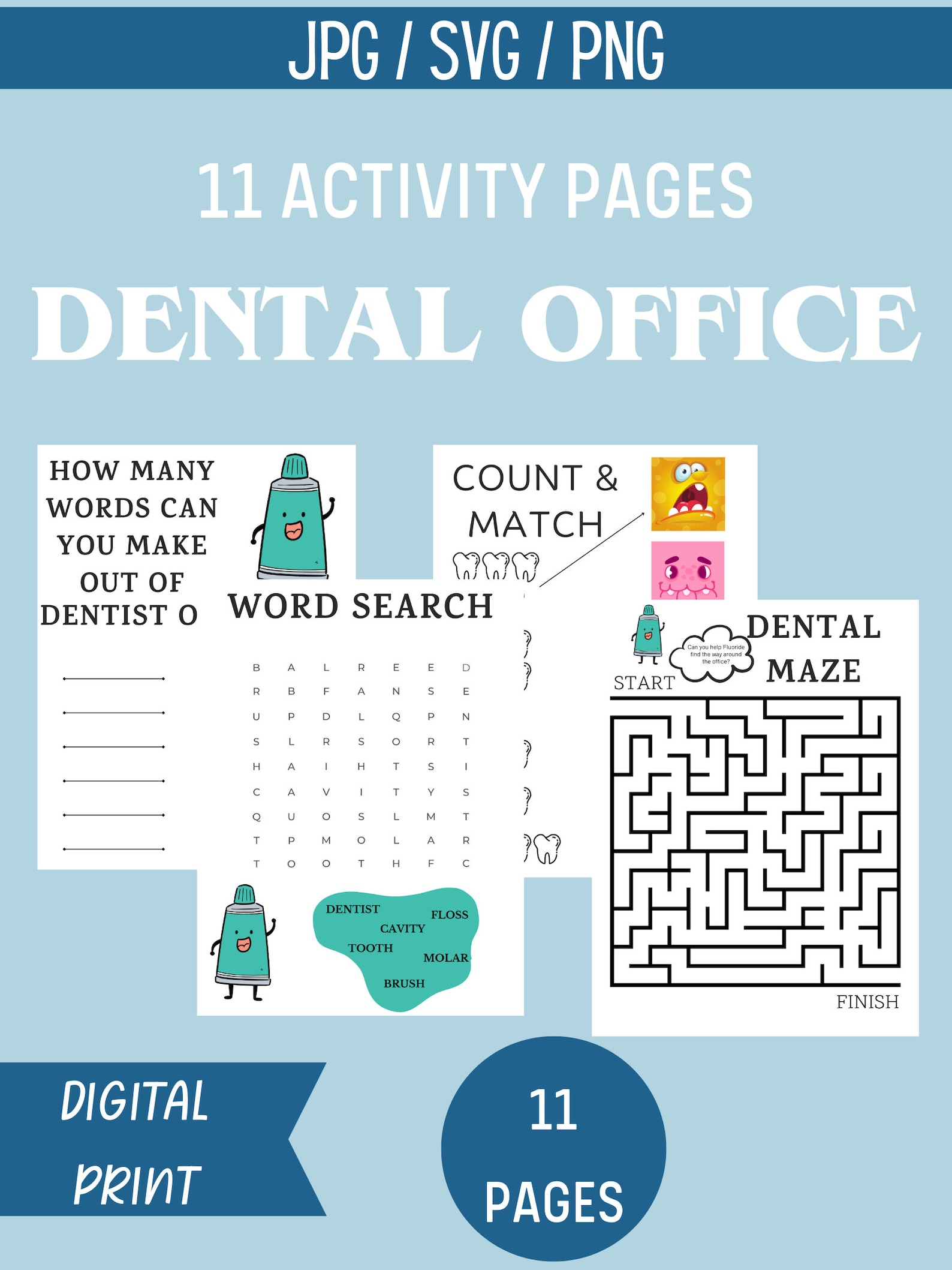 Dental Printable, SVG, JPG, PNG, Instant Download, Dental Activity for ...