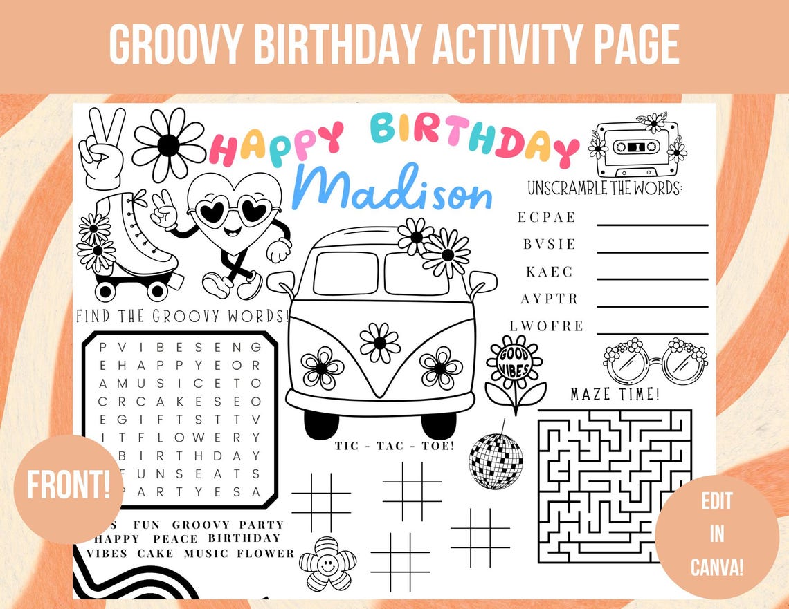Groovy Birthday Party Activity Page, Four Ever Groovy Coloring Page ...