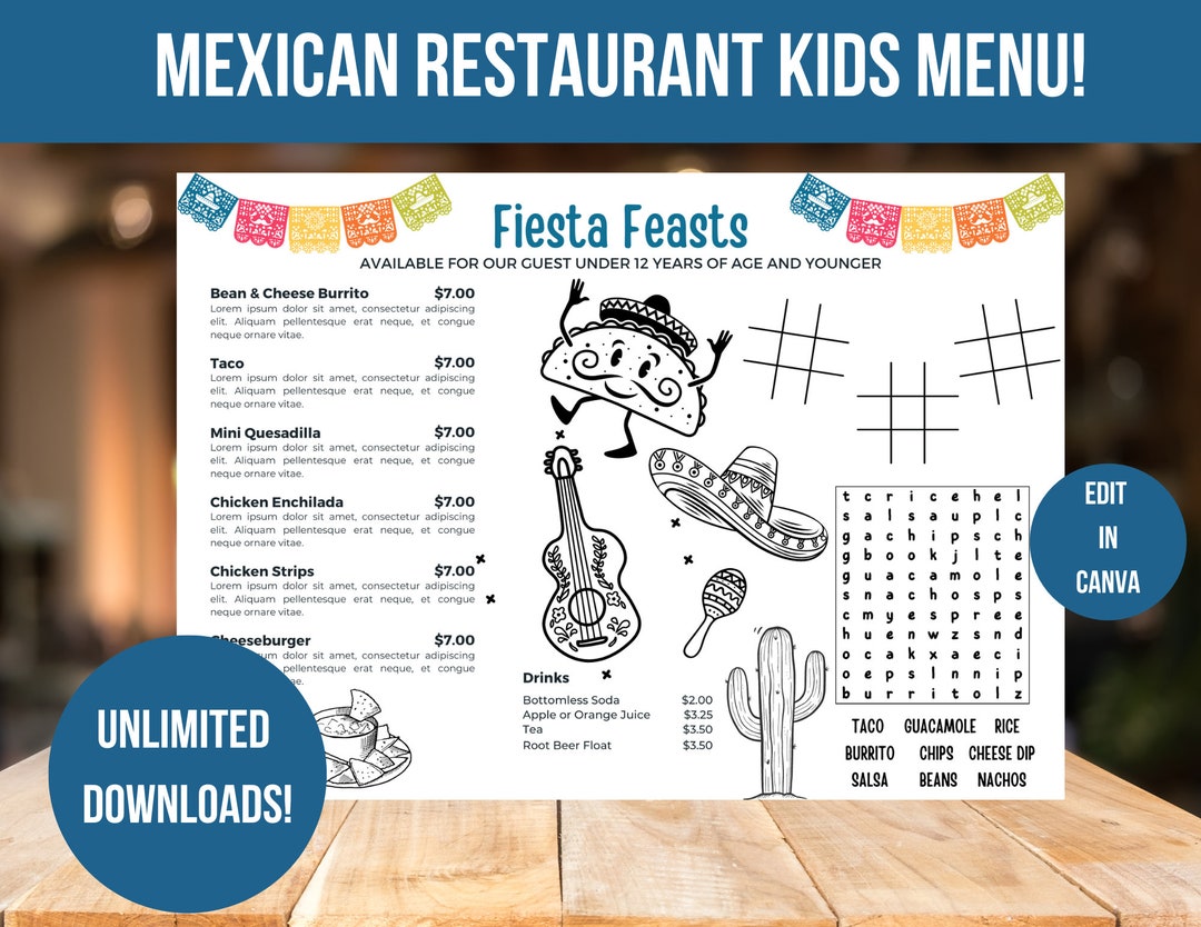 Kids Restaurant Menu, Mexican Restaurant Kids Menu, Activity Menu for ...
