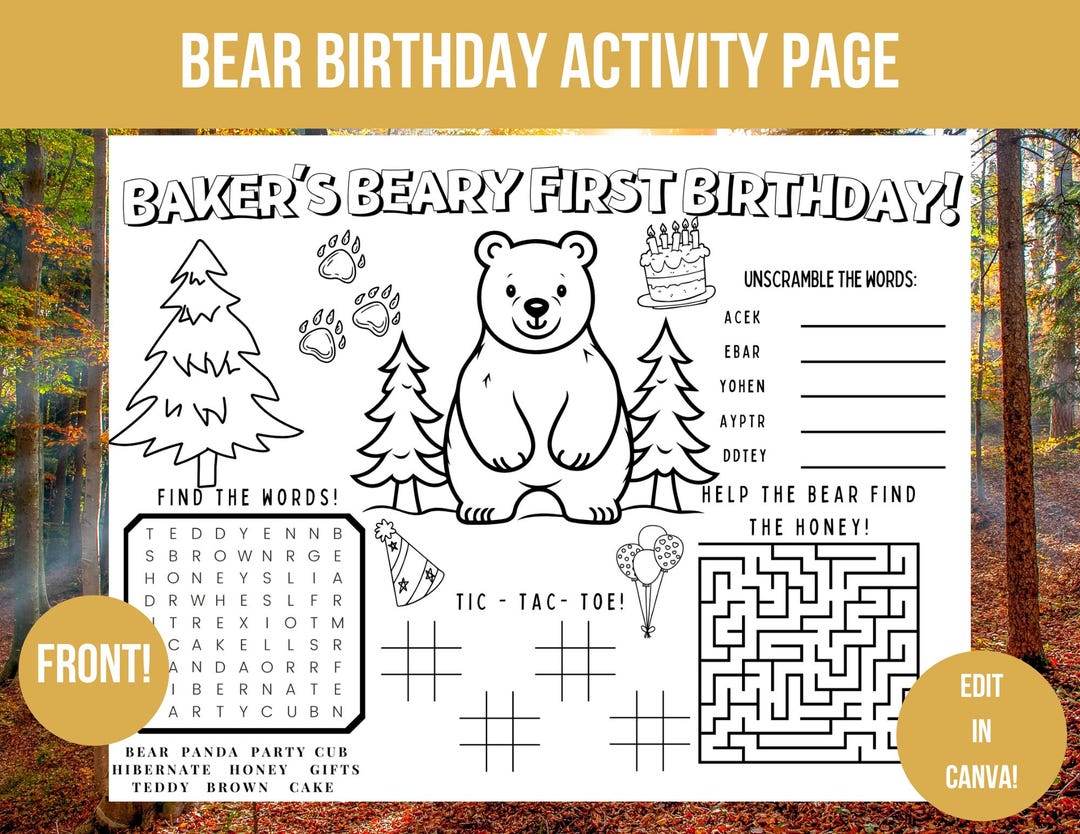Bear Birthday Coloring Page, Bear Birthday Activity Page, Beary First ...