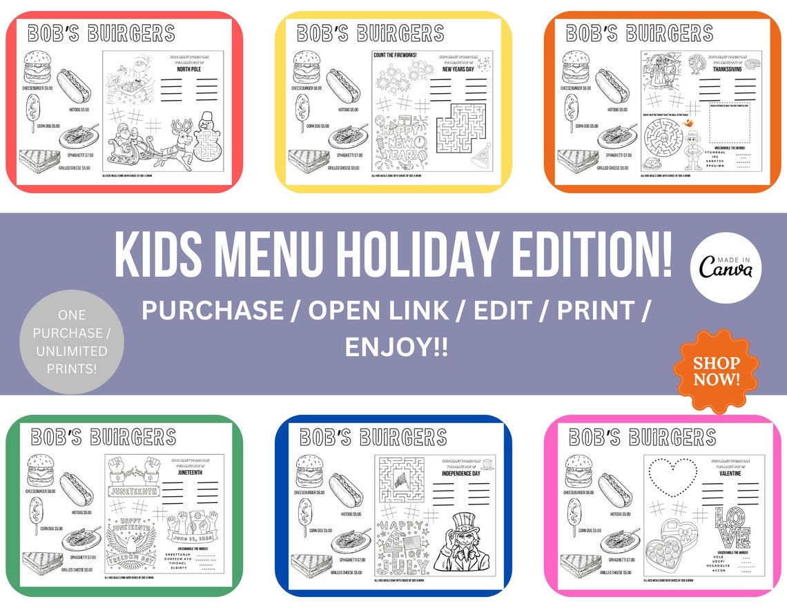 Kids Restaurant Menu, Kids Activity Sheet, Kids Restaurant Holiday Menu ...