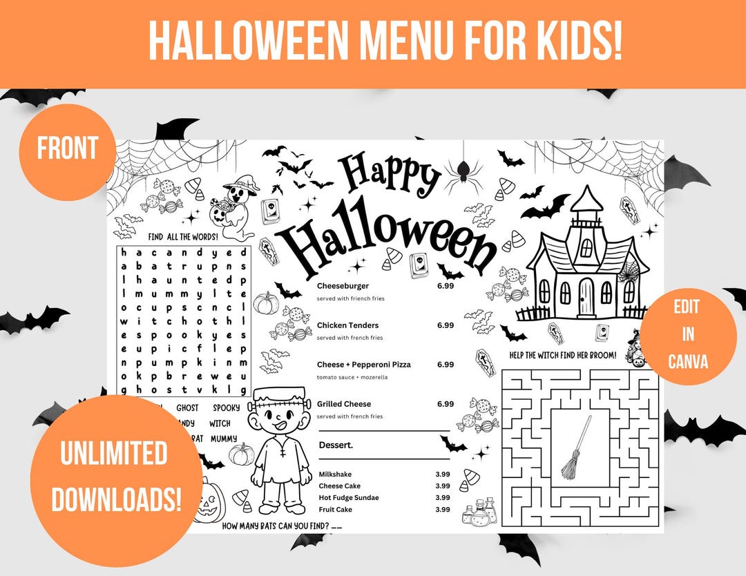Kids Restaurant Menu, Kids Menu Template, Menu Template, Halloween Kids ...