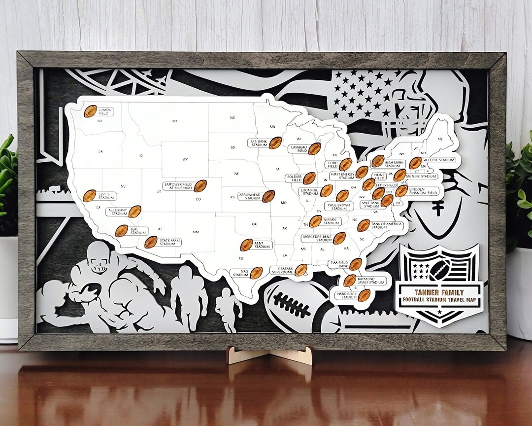 Professional Football Stadium Travel Map Handcrafted Wooden Laser-cut ...