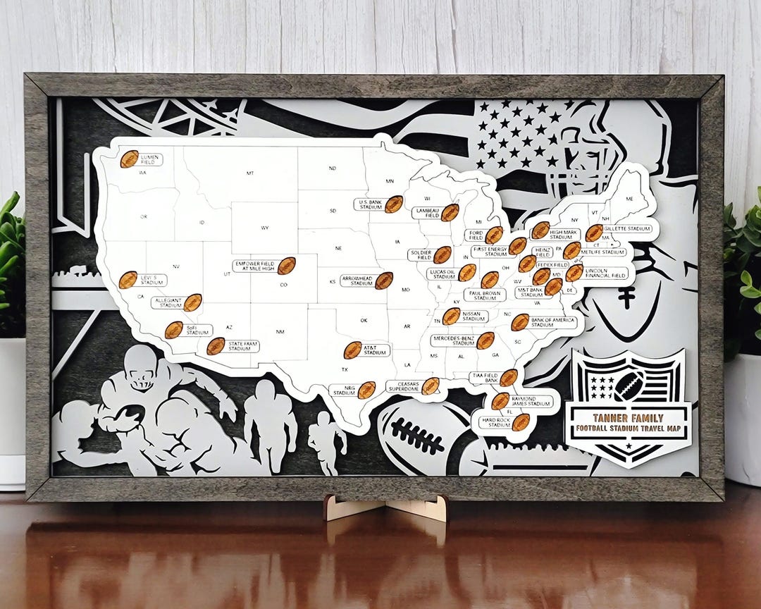 Professional Football Stadium Travel Map | Handcrafted | Wooden | Laser ...