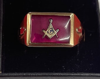 Masonic 10k Gold Ring With Red Stone - Etsy