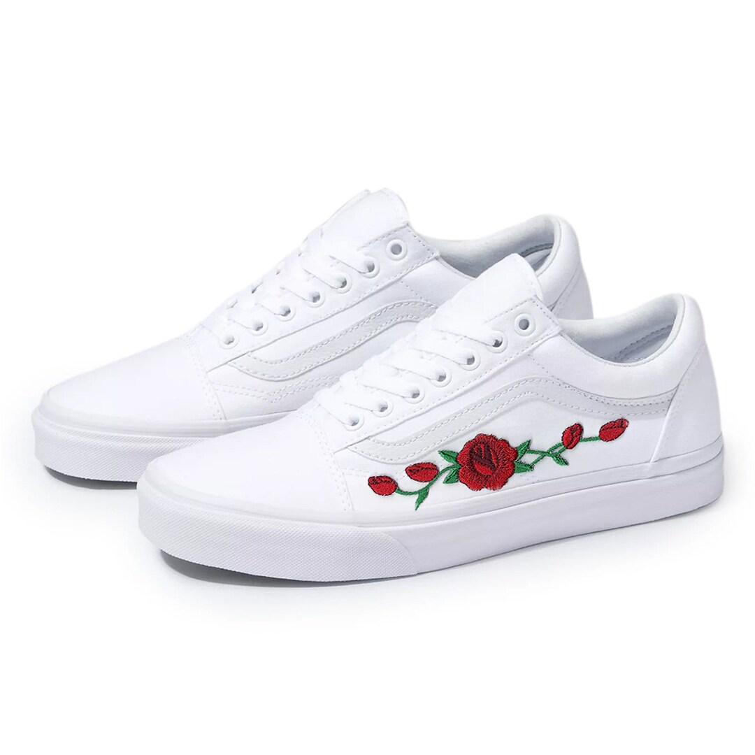 White Old Skool Red Rose Custom Handmade Shoes Cu - Etsy